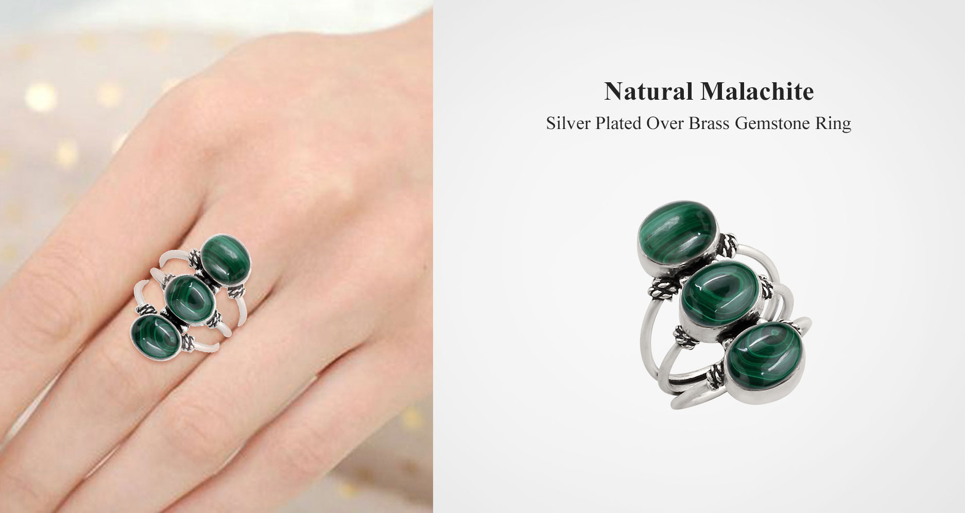 Natural Gemstone Oval Shape 3-Stone Ring Silver Plated Vintage Style ...